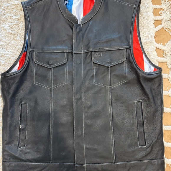 Unik | Jackets & Coats | Unik Black Leather Vest With Red And Blue ...